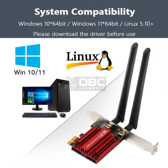Placa Rede Wifi 7 PCI-E Tri-Band 2.4/5/6ghz Fenvi BE200 Bluetooth 5.4