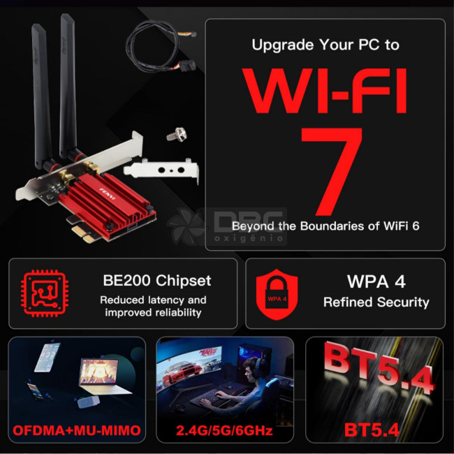 Placa Rede Wifi 7 PCI-E Tri-Band 2.4/5/6ghz Fenvi BE200 Bluetooth 5.4