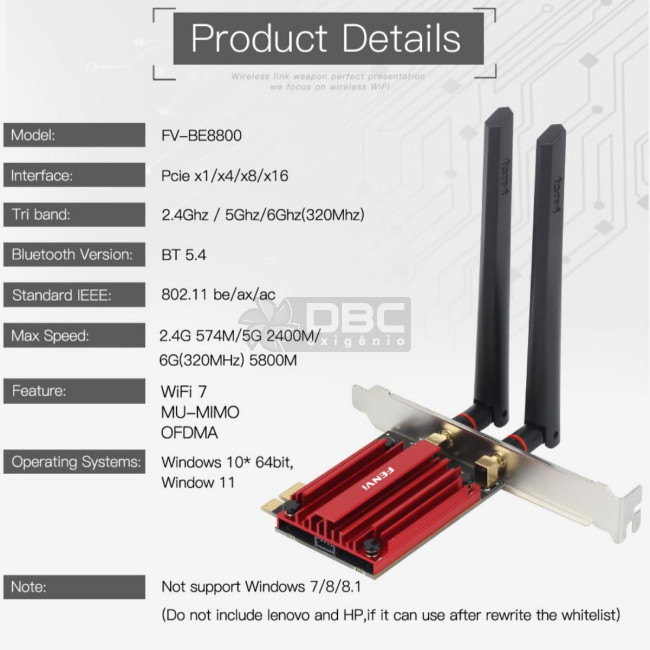 Placa Rede Wifi 7 PCI-E Tri-Band 2.4/5/6ghz Fenvi BE200 Bluetooth 5.4