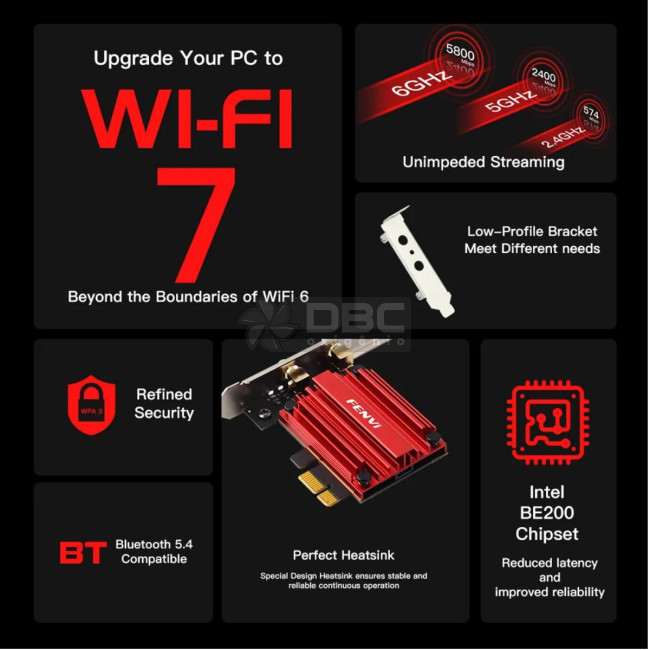 Placa Rede Wifi 7 PCI-E Tri-Band 2.4/5/6ghz Fenvi BE200 Bluetooth 5.4